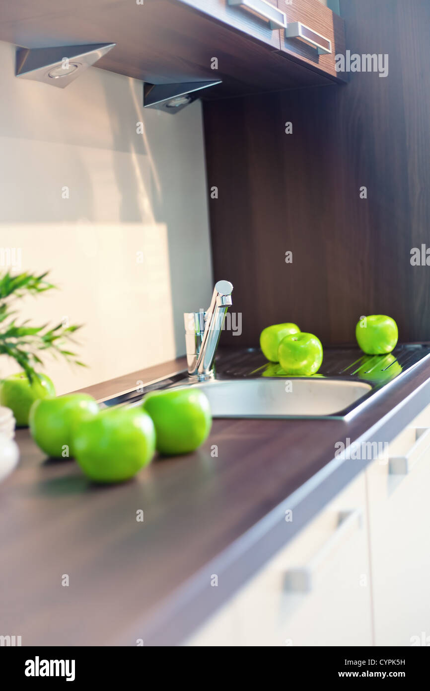 kitchen interior with fruits and dishes on countertop (beautiful Depth ...