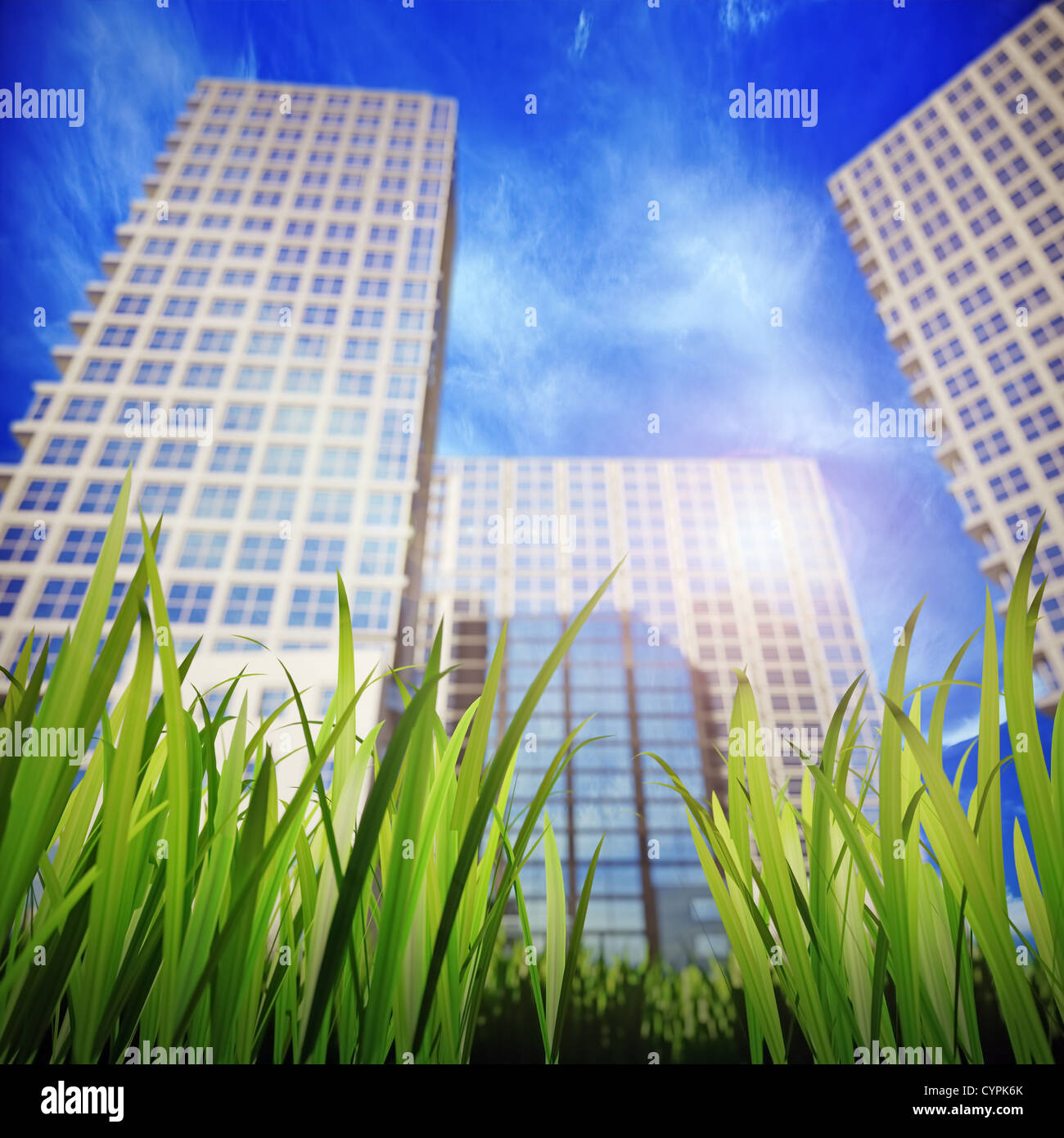green grass and skyscrapers, aspiring to the sky in the background ...