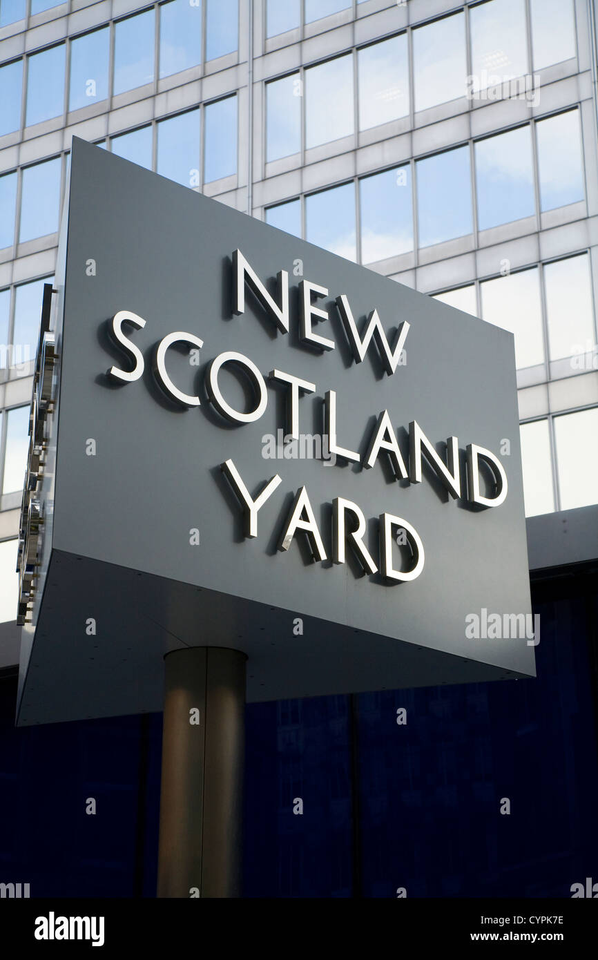 Famous spinning / rotating sign in front / outside of New Scotland Yard ...