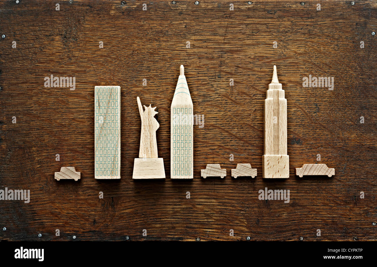 New York city landmarks carved out of wood Stock Photo - Alamy