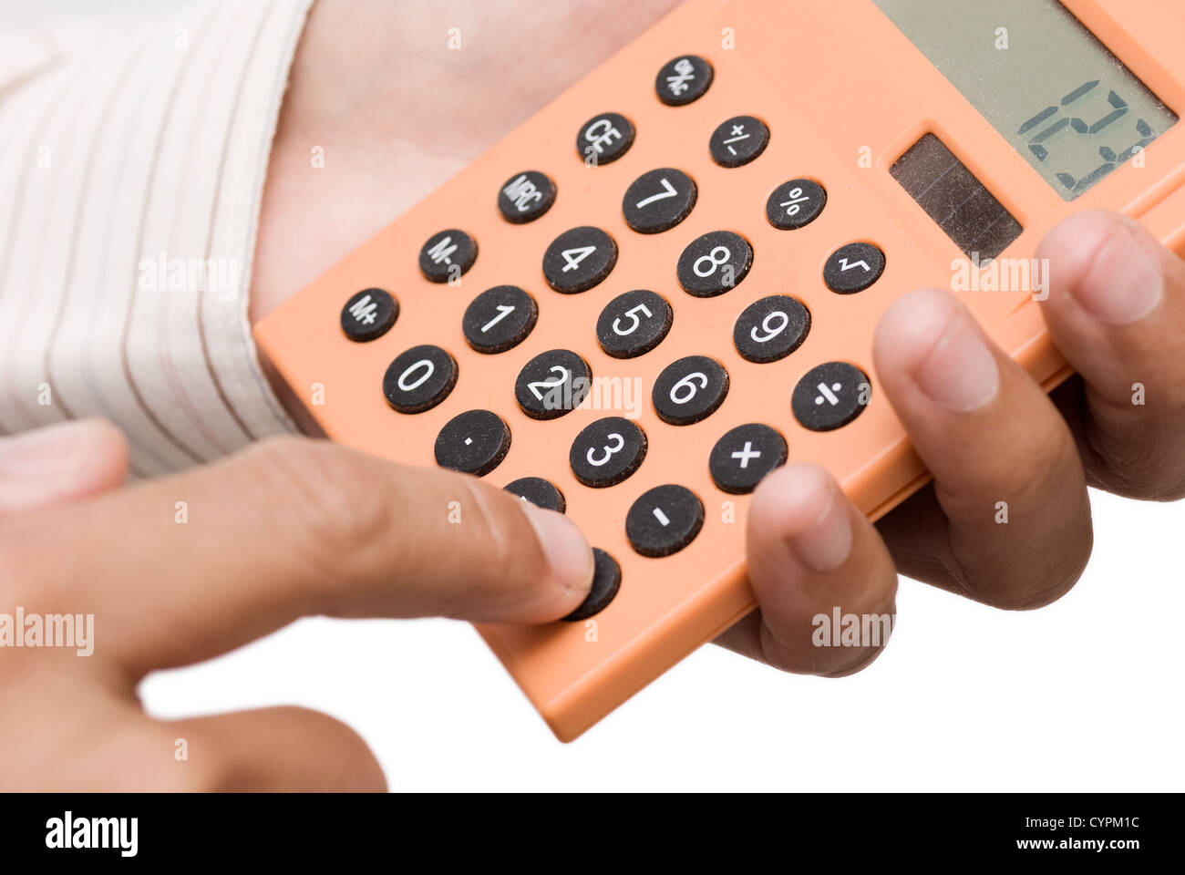 Business man use calculating machine on white background Stock Photo ...