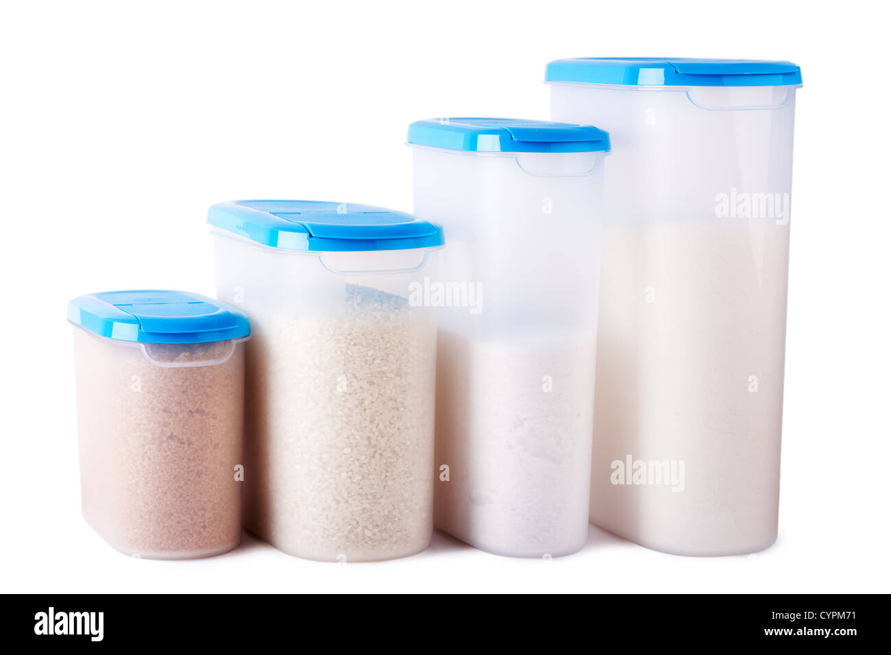 Four plastic containers for dry food isolated over white background ...