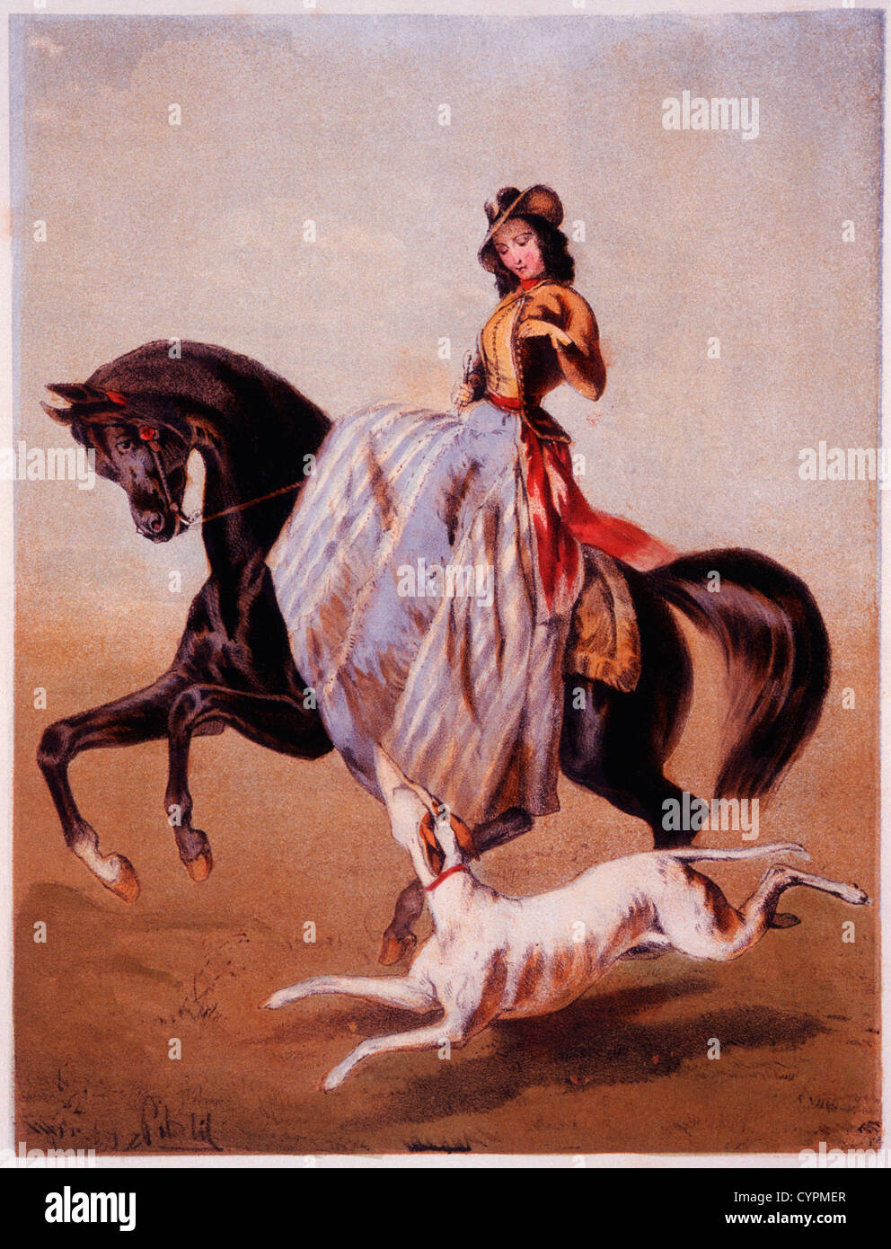 Woman Riding Side Saddle, Hand Colored Engraving, Circa 1870 Stock ...