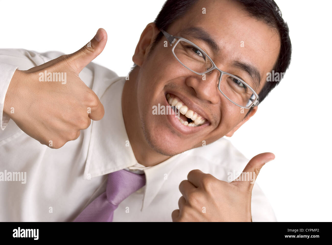 Happy business man extended thumb on white background Stock Photo - Alamy