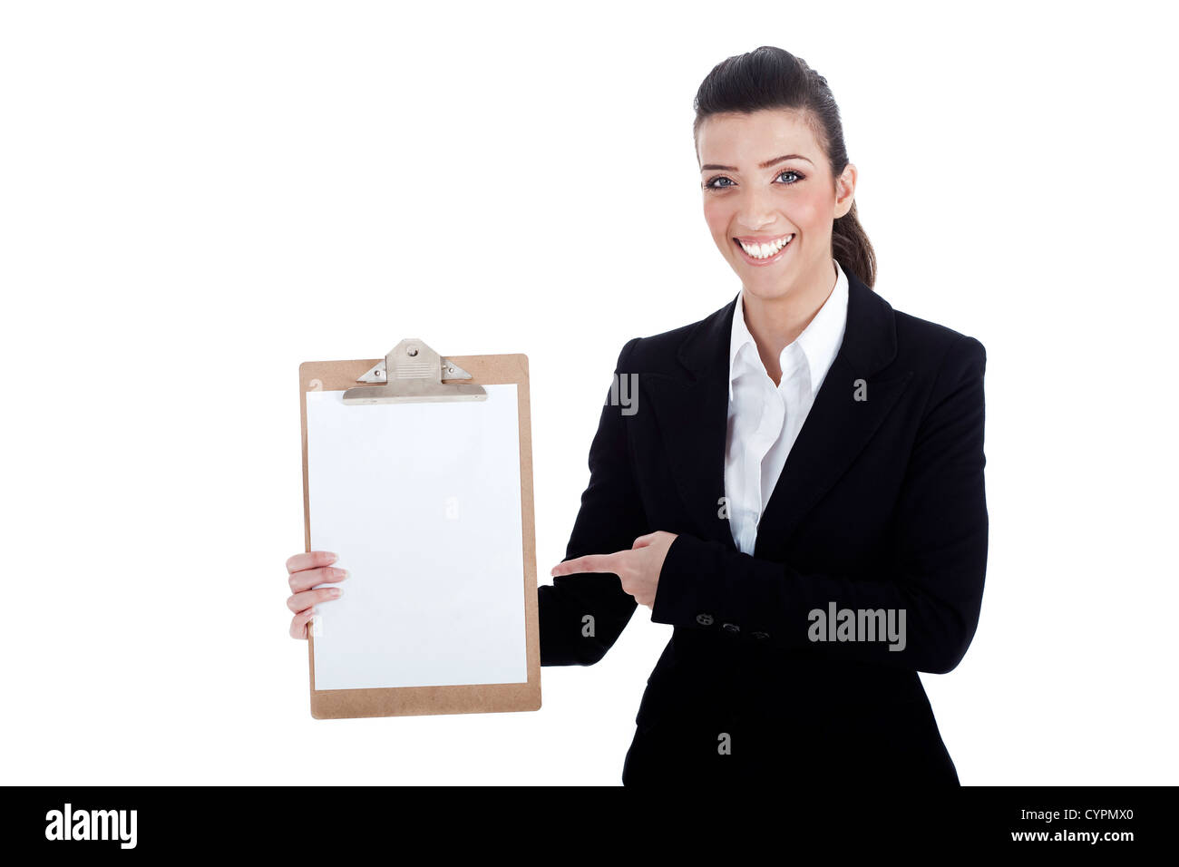 Smiling young business lady pointing the plain paper over white ...