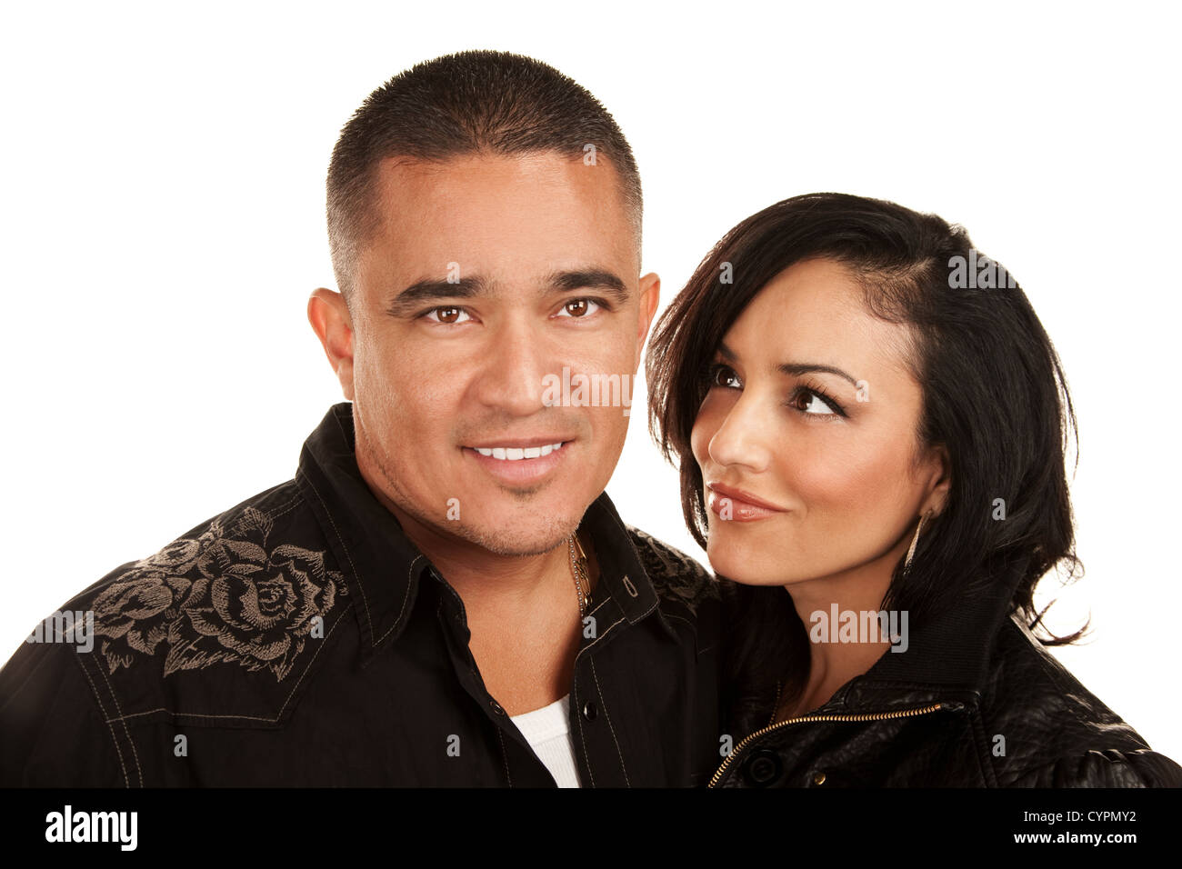 Attractive Hispanic couple in casual clothes on white background Stock ...