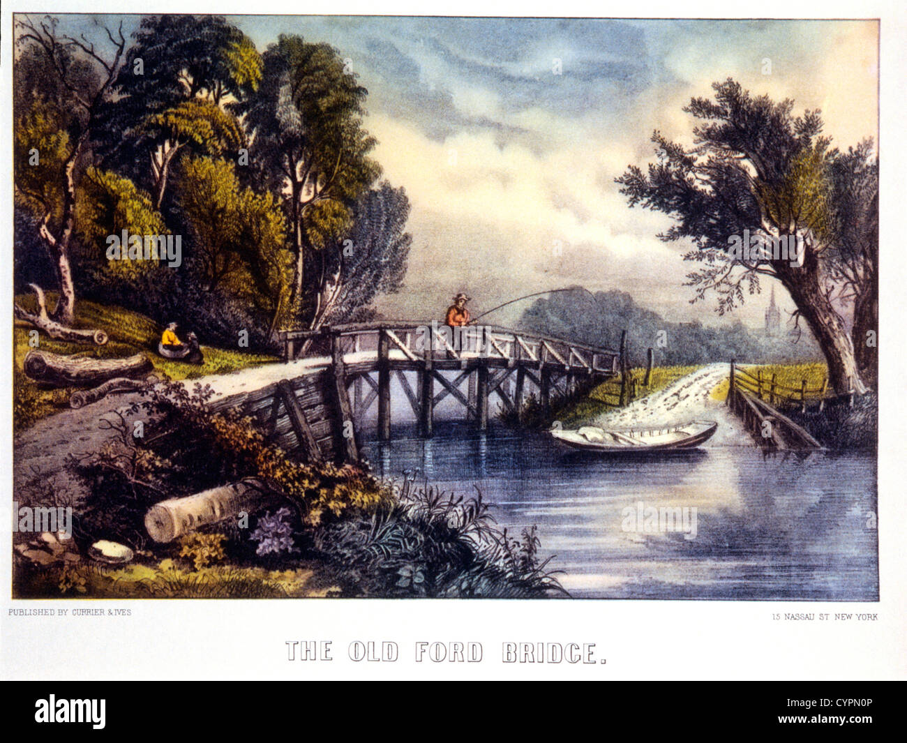 Old Ford Bridge, Currier & Ives, Lithograph Stock Photo - Alamy
