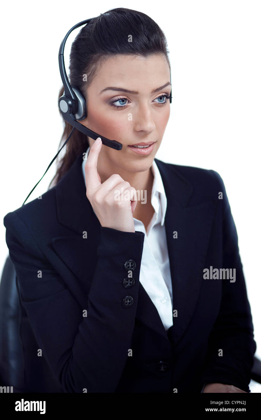 Beautiful call center telephone woman wearing headset over white ...
