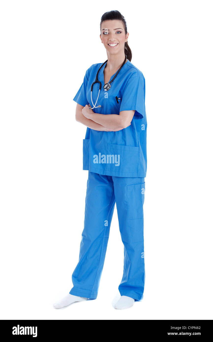 Pretty young female nurse, side pose over isolated white background ...