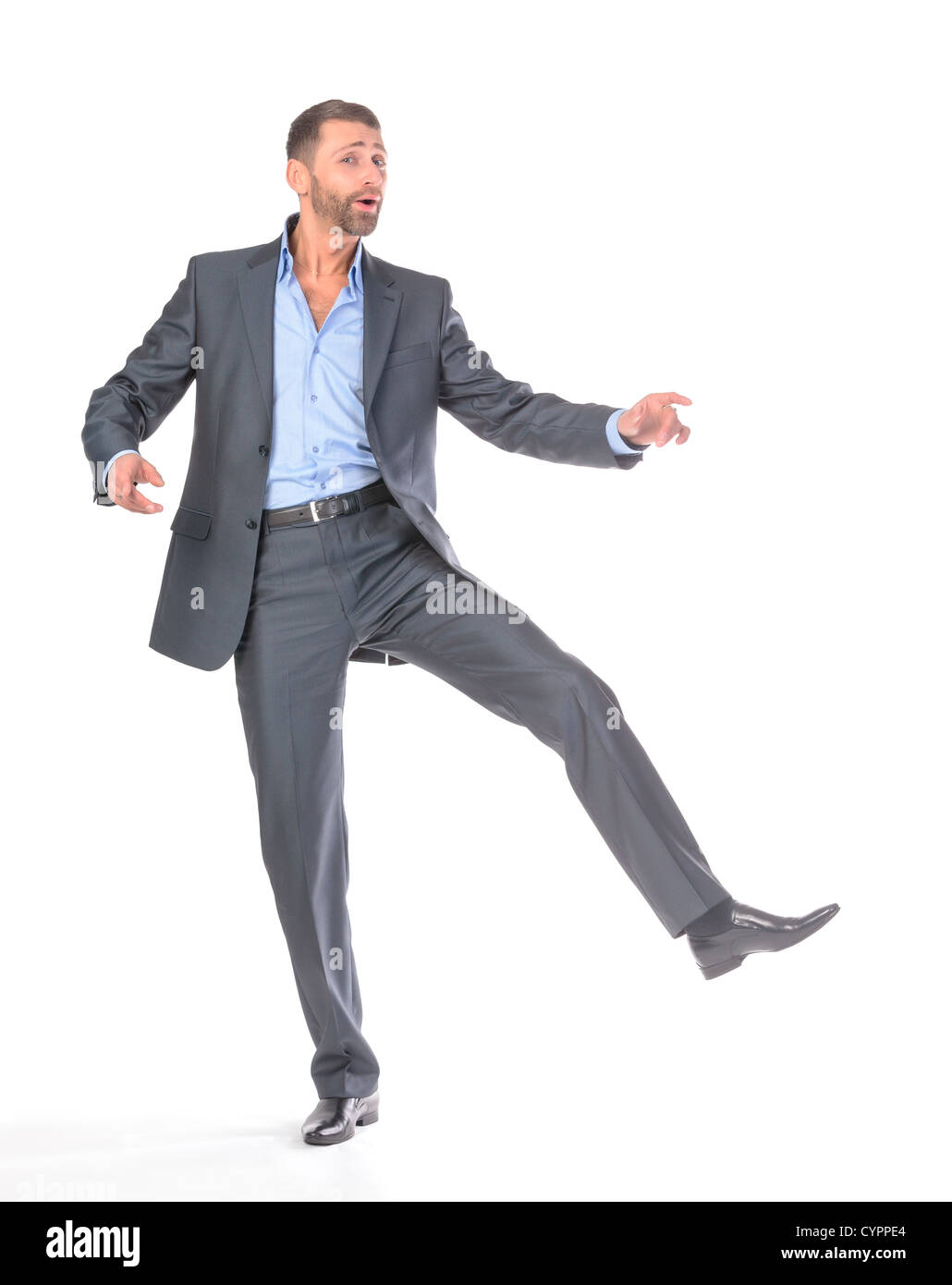 Full length portrait dancing businessman, over white background Stock ...
