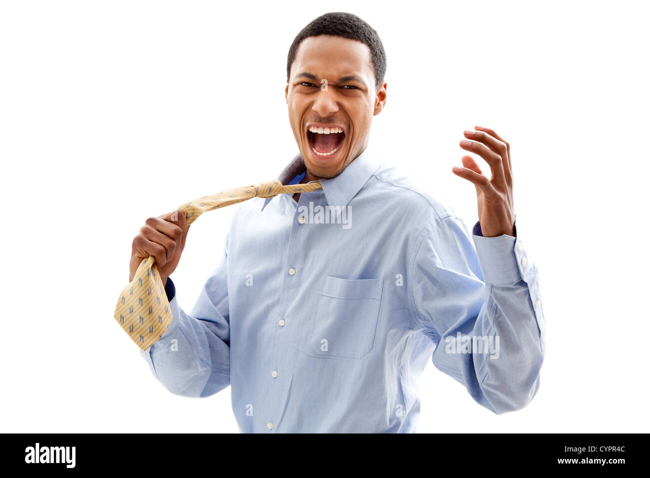 Angry screaming African American business man in blue shirt pulling ...
