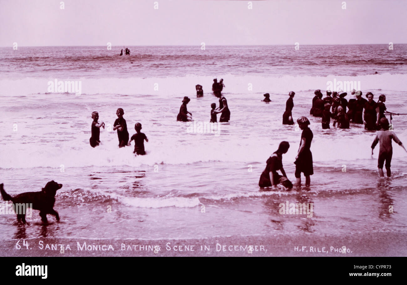 Group of People Wading in Pacific Ocean, Santa Monica, California, USA ...