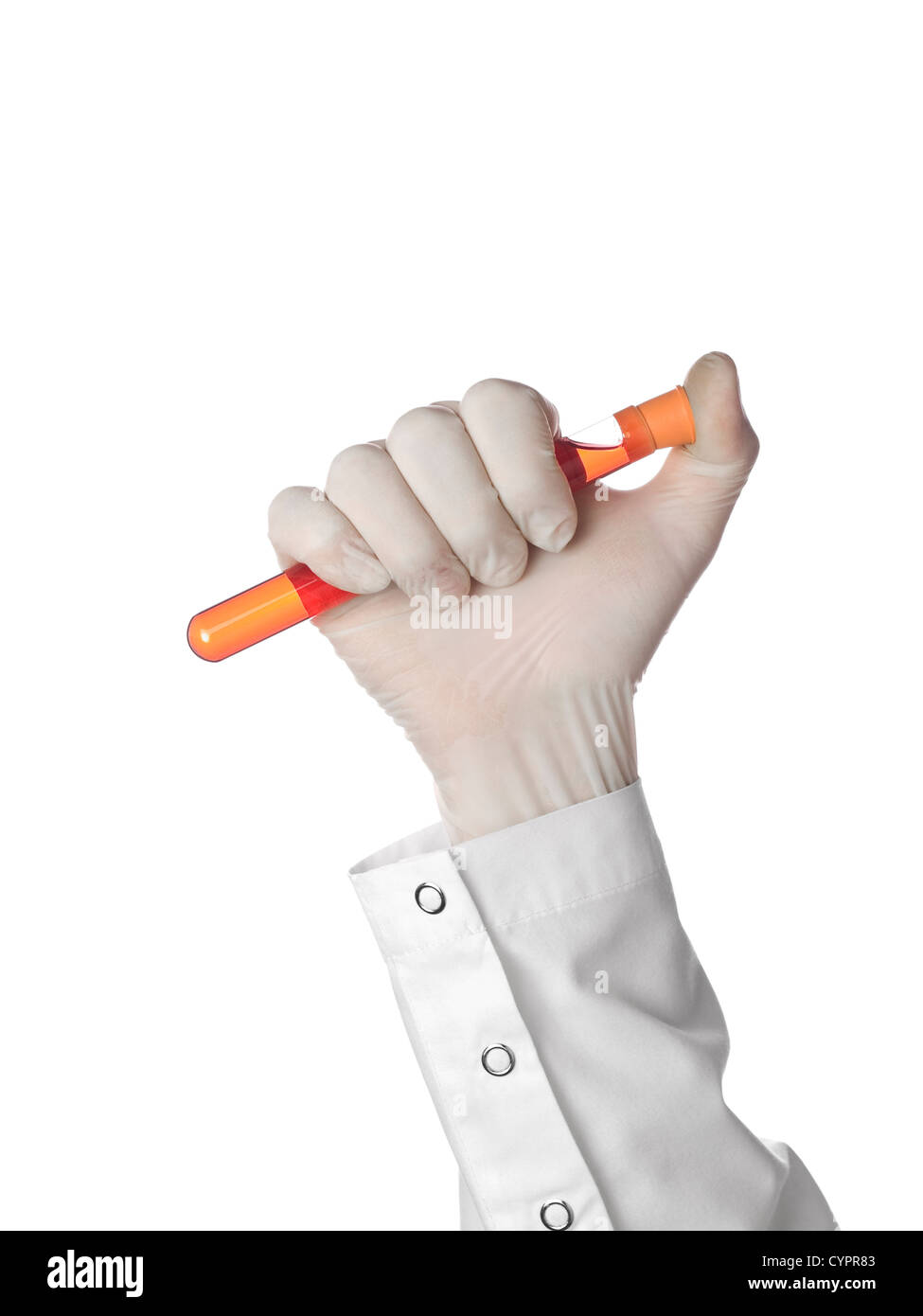 A doctor's hand holds a test tube pressing the cap on with his thumb ...