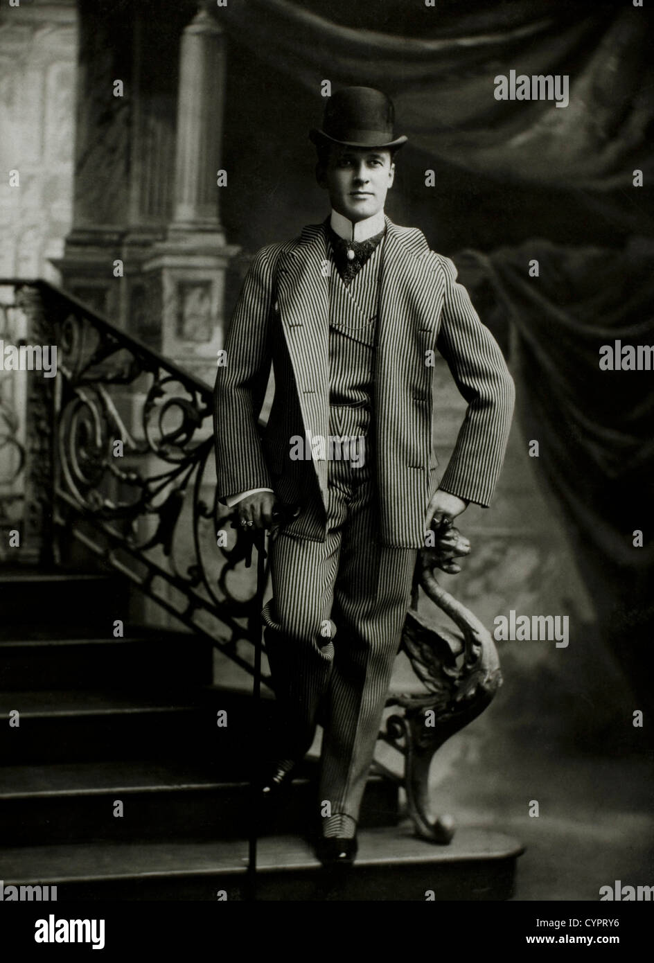Dapper Man in Bowler Hat With Cane, Portrait, Circa 1900 Stock Photo ...