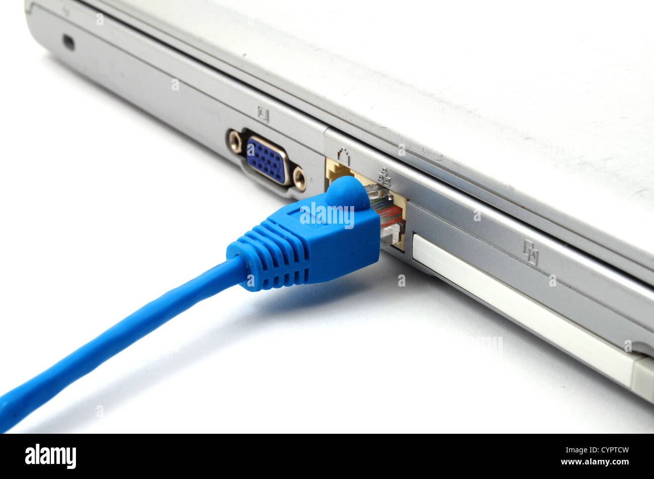 hand laptop and network connector showing lan or internet communication ...