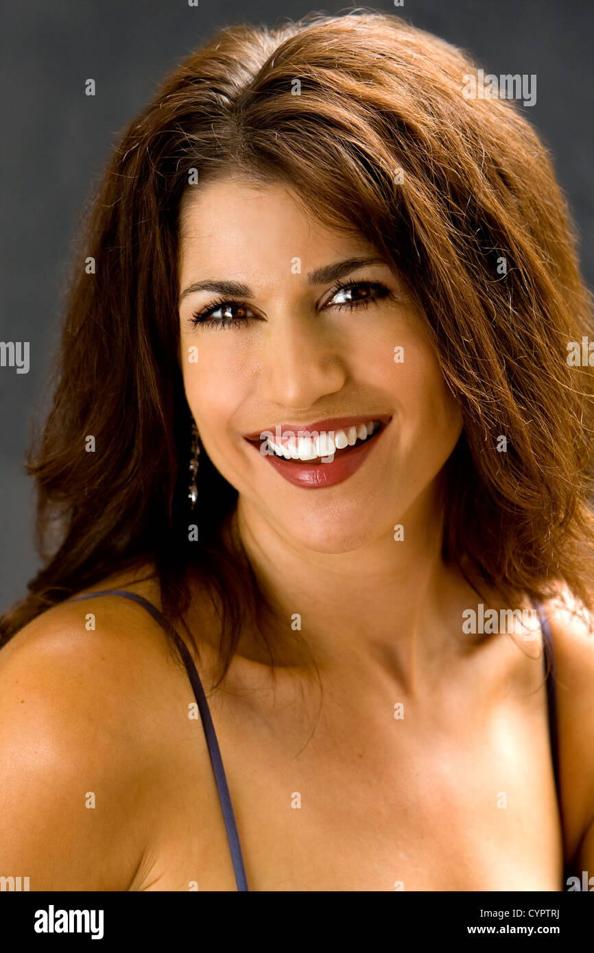 Beautiful female face with red lips smiling Stock Photo - Alamy