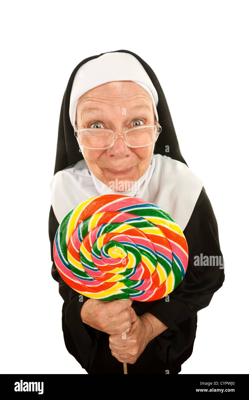 Funny Nun with Glasses and Large Colorful Lollipop Stock Photo - Alamy