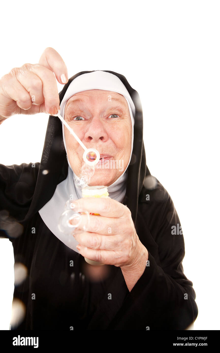 Funny Nun in Black Habit Blowing Bubbles Stock Photo - Alamy