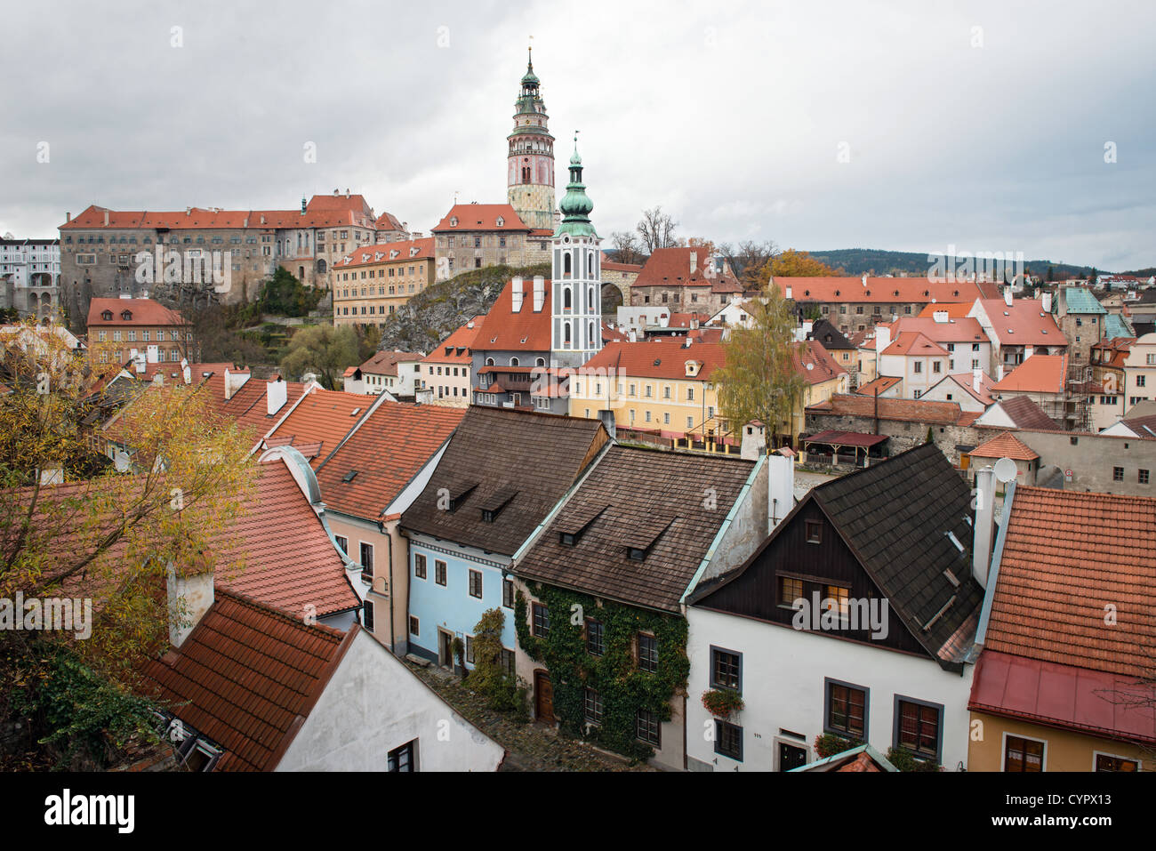 Castle and roofs of historic houses from center of Cesky Krumlov, Czech ...