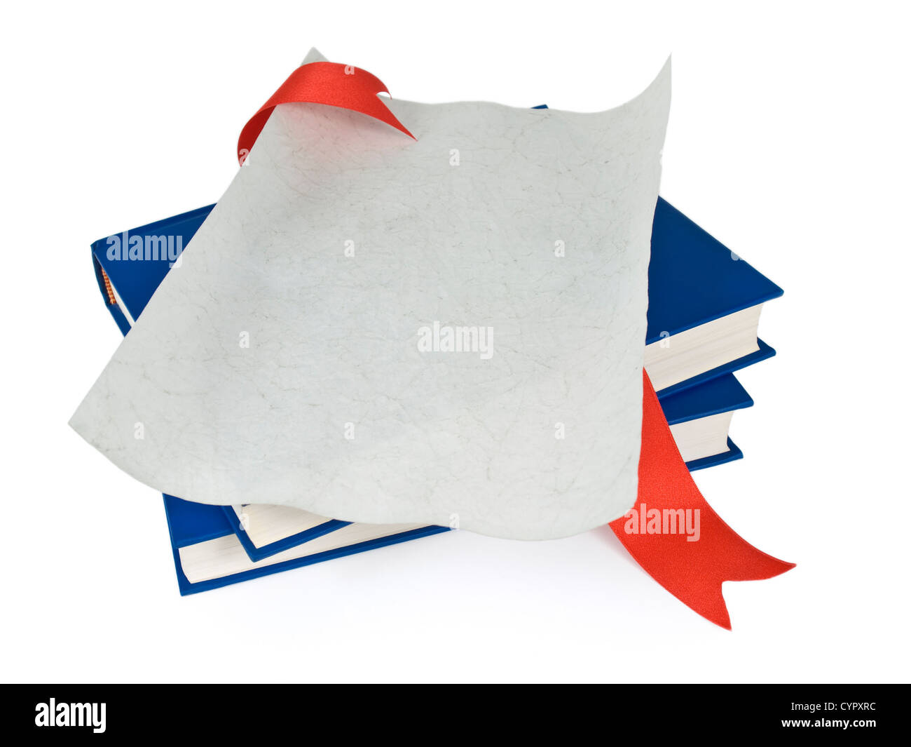 An open diploma with red ribbon over blue books. Isolated on white ...