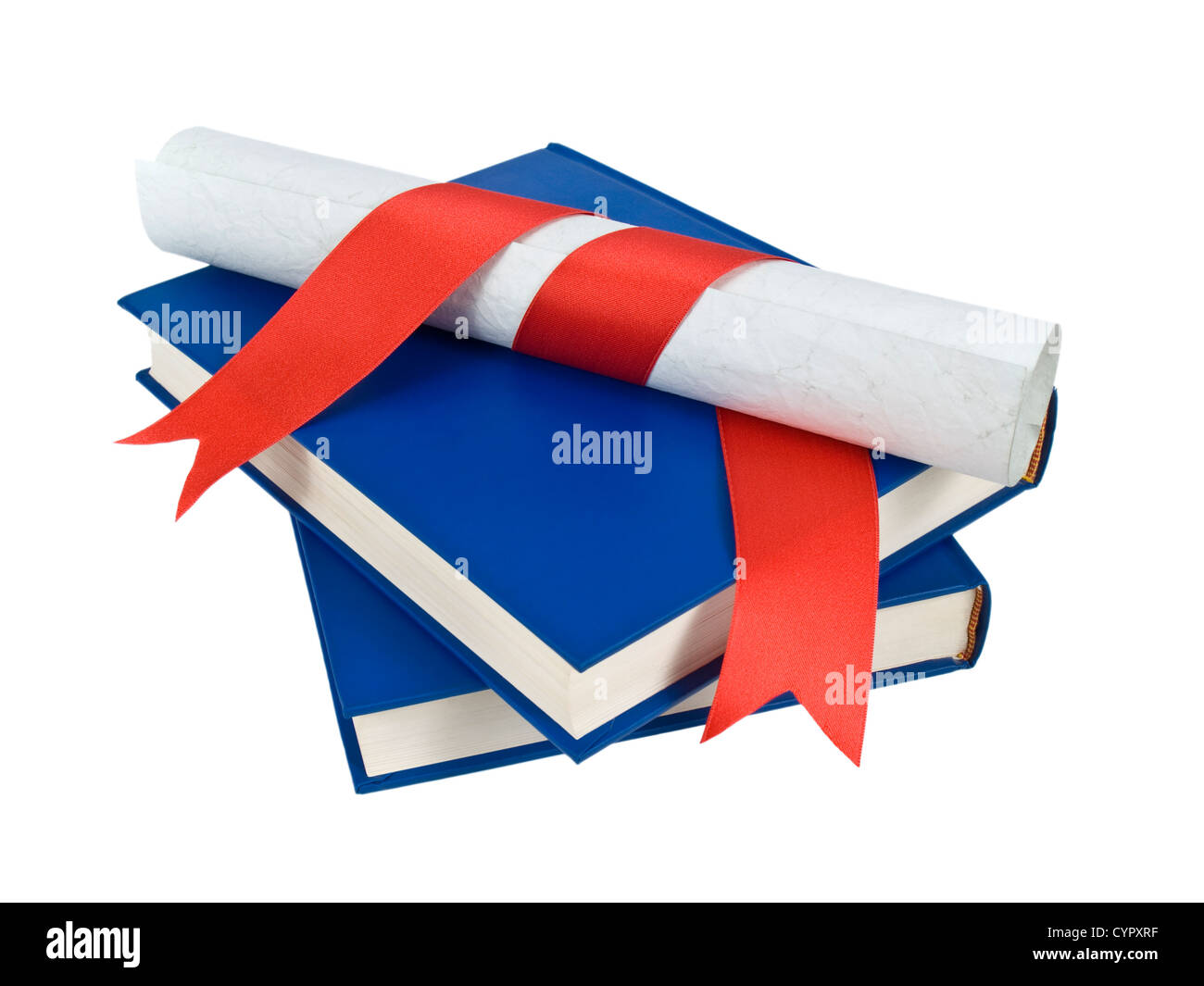 A diploma with red ribbon over blue books. Isolated on white Stock ...
