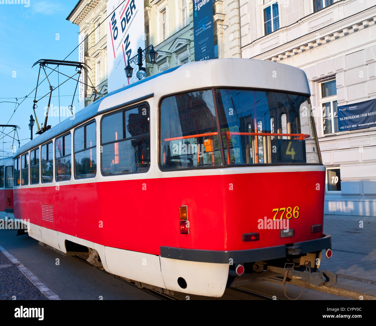 Bright red tram in Bratislava Stock Photo - Alamy