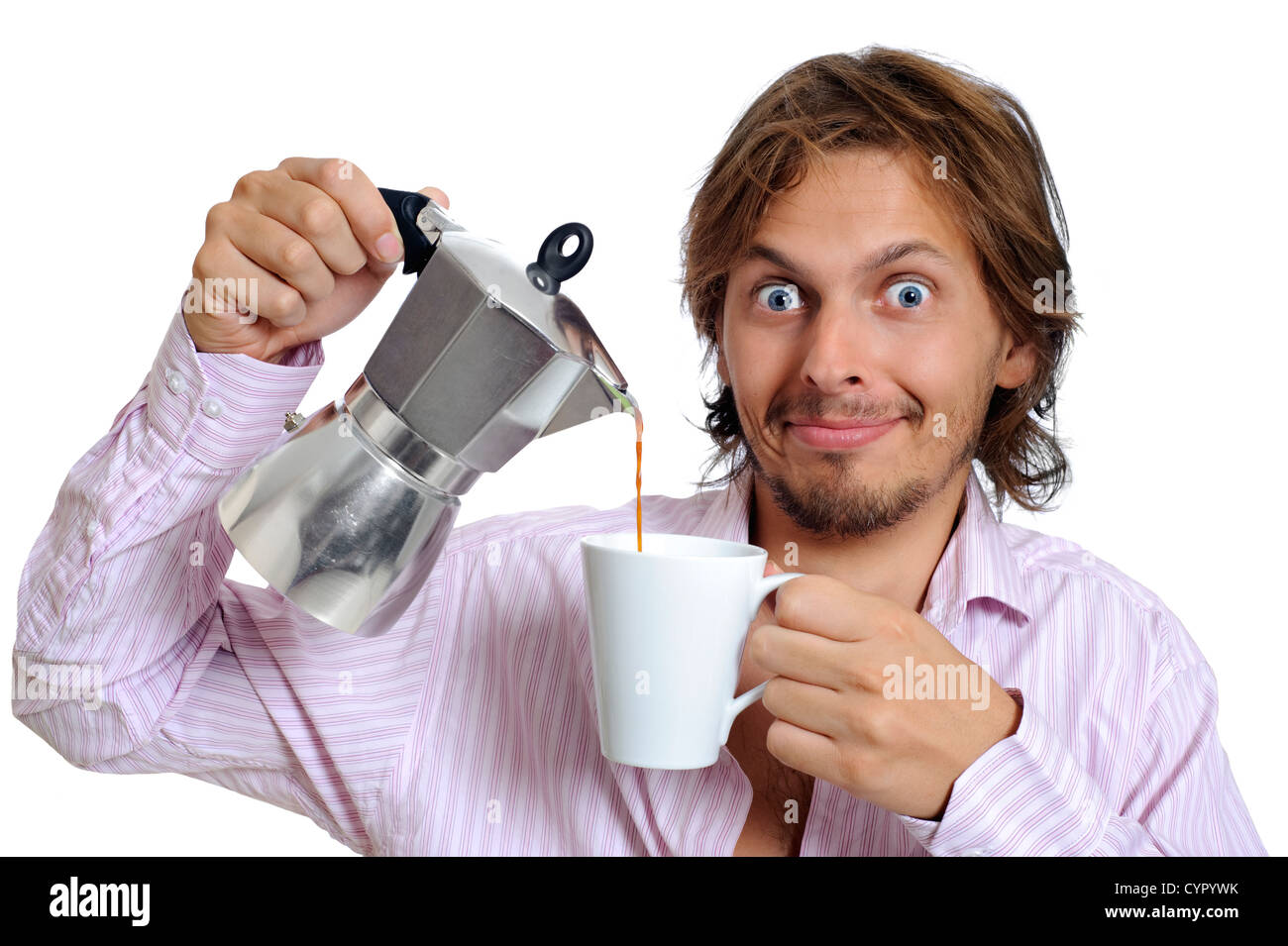 Man is super happy with the coffee status Stock Photo - Alamy