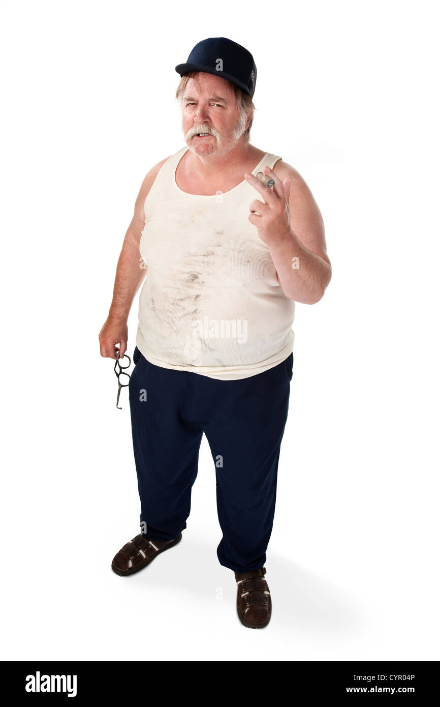 Angry big man in tee shirt with cigar and baseball cap Stock Photo - Alamy