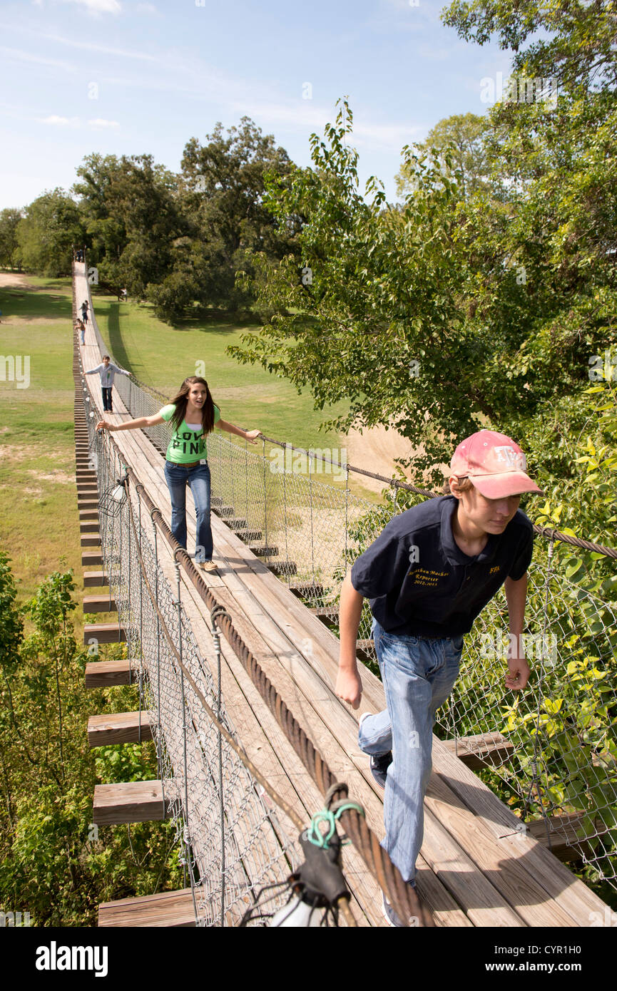 Junior high school students walk across a wood-plank swinging bridge ...
