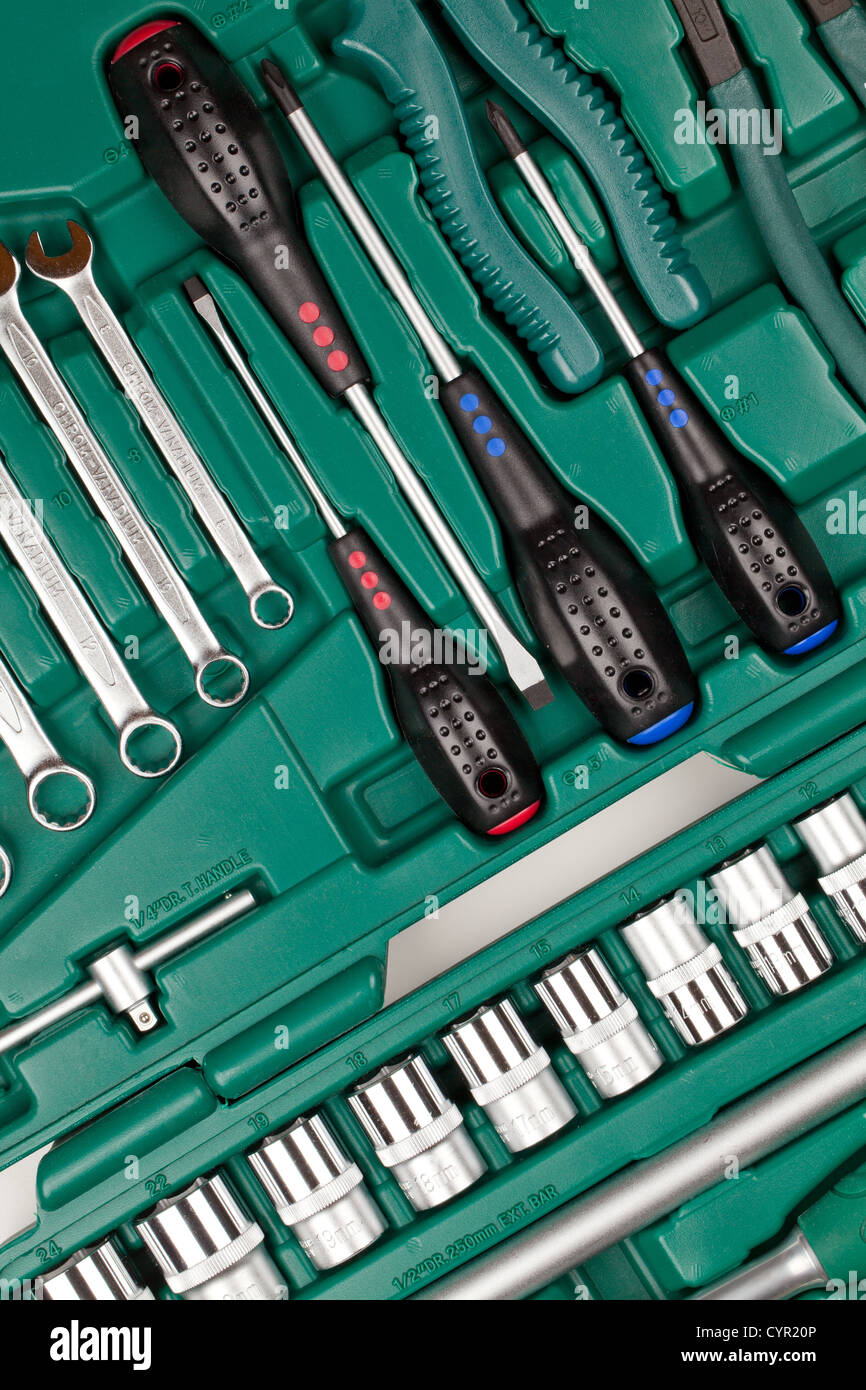Tools in toolbox. Closeup. Isolated on white background Stock Photo - Alamy