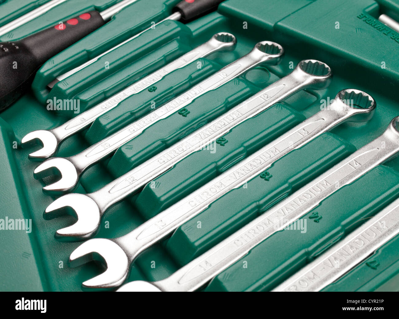 Tools in toolbox. Closeup. Isolated on white background Stock Photo - Alamy