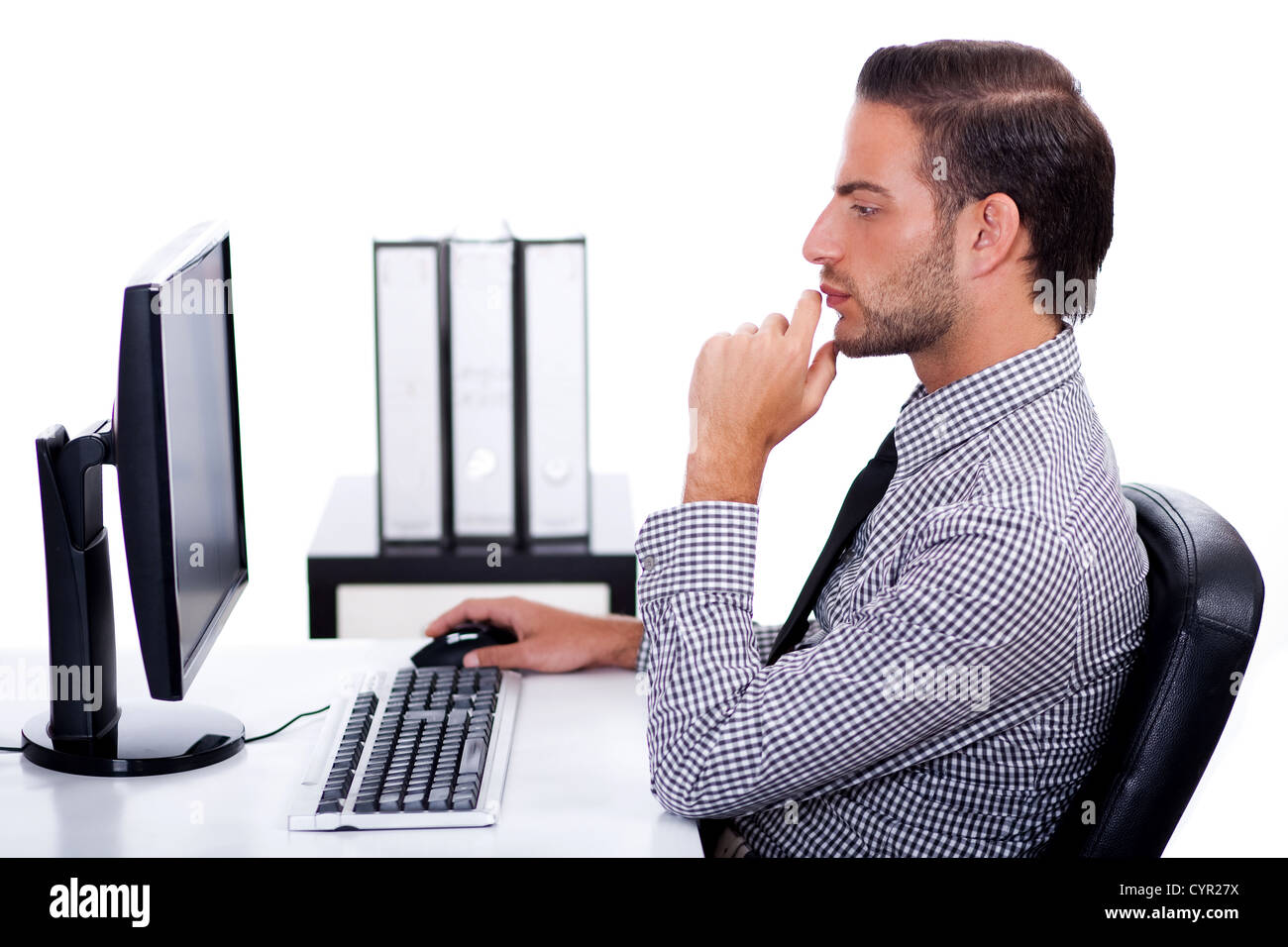 Business man working at office desk on white background Stock Photo - Alamy