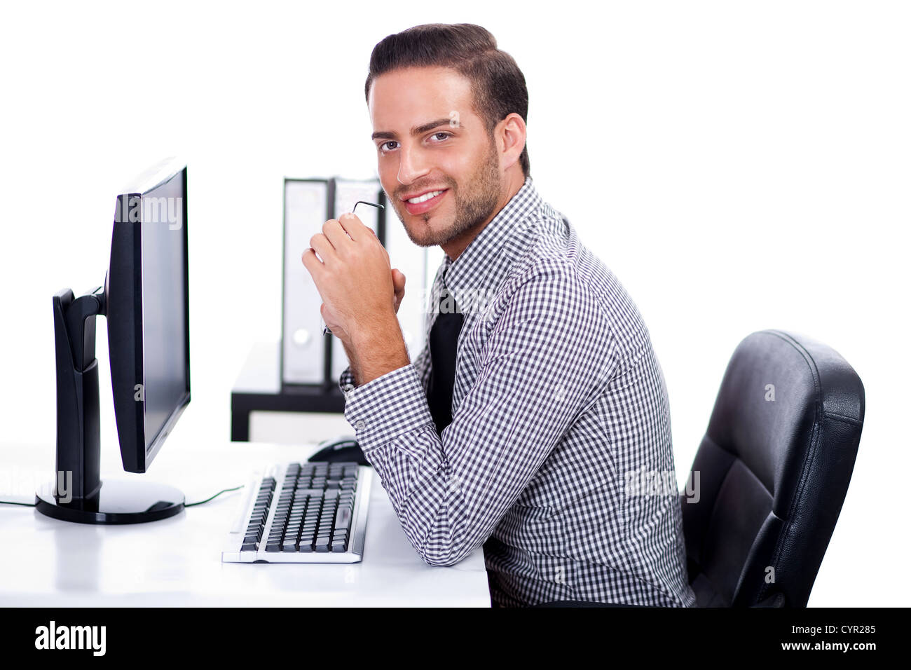 Business man smiling at you in the office over white background Stock ...