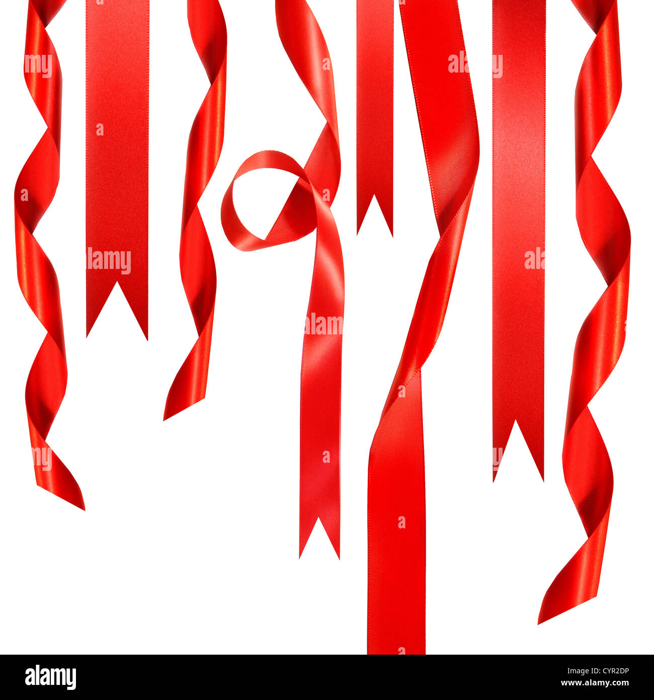 Red ribbons hanging down on white background Stock Photo - Alamy
