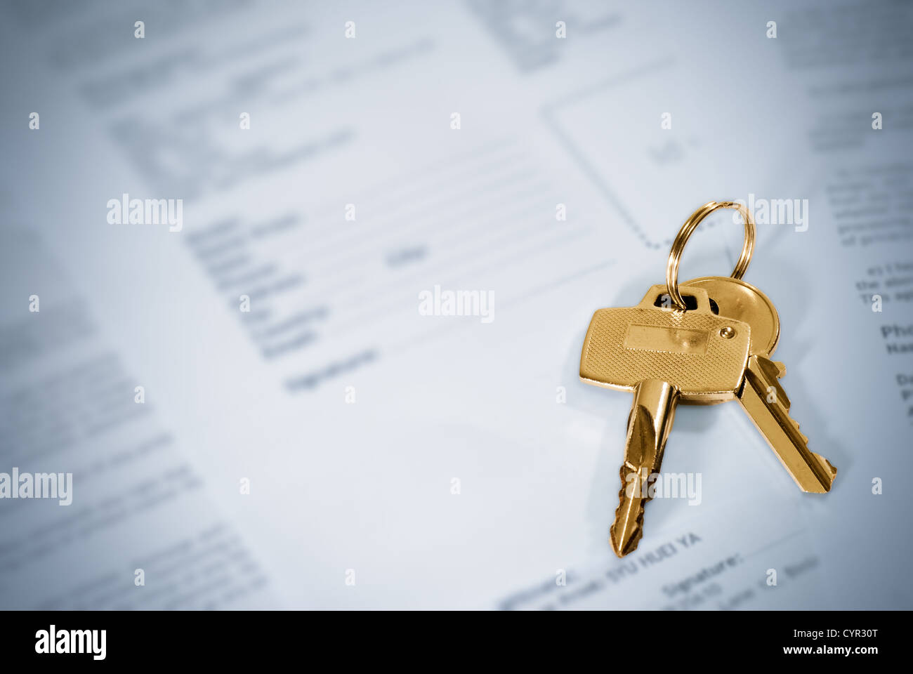 Keys in golden color on blue paper Stock Photo - Alamy