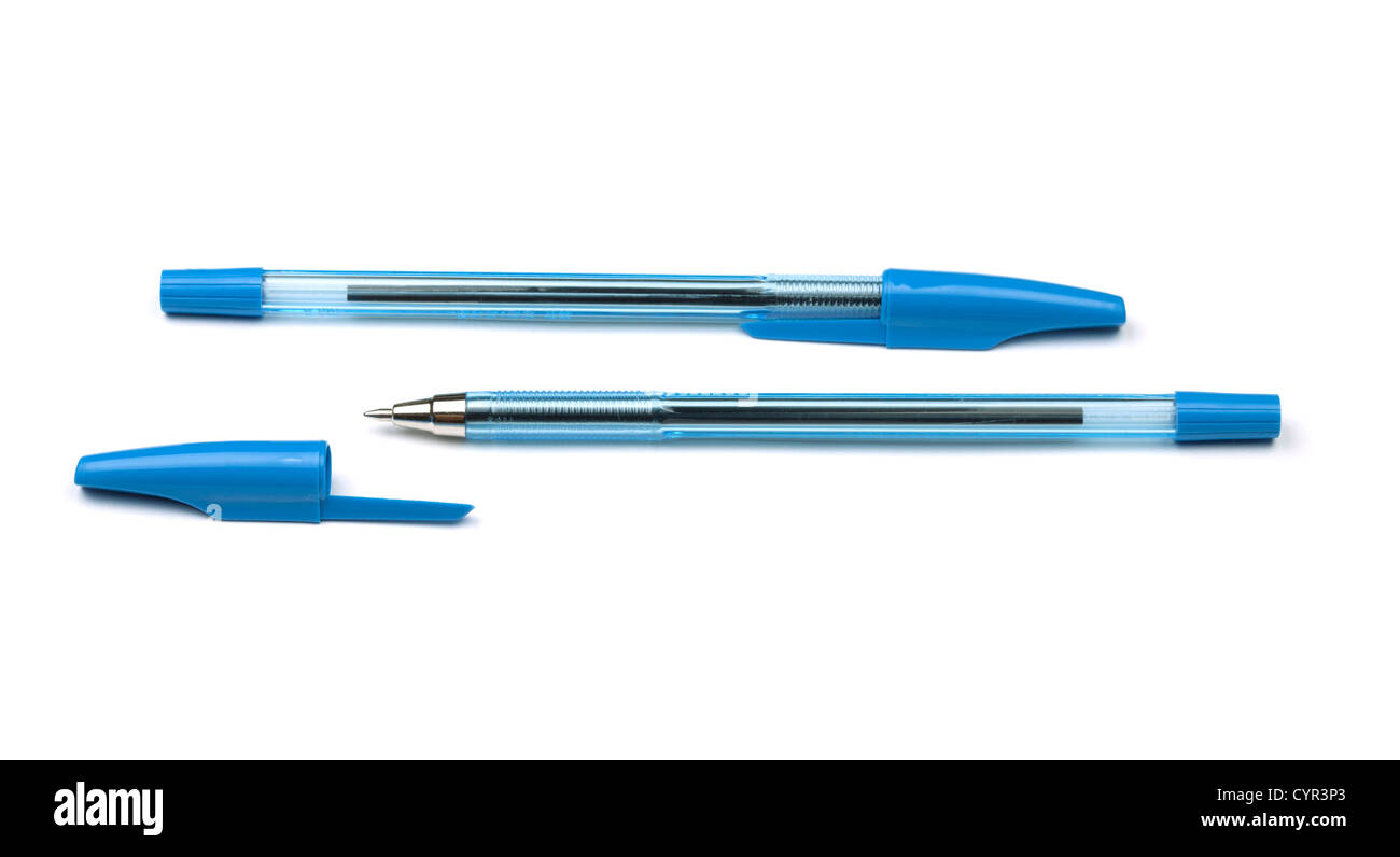 Two blue pens. Isolated on white background Stock Photo - Alamy