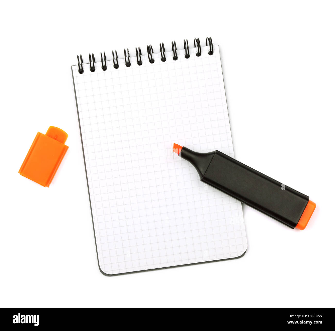 Orange marker on notepad. Isolated on white background Stock Photo - Alamy