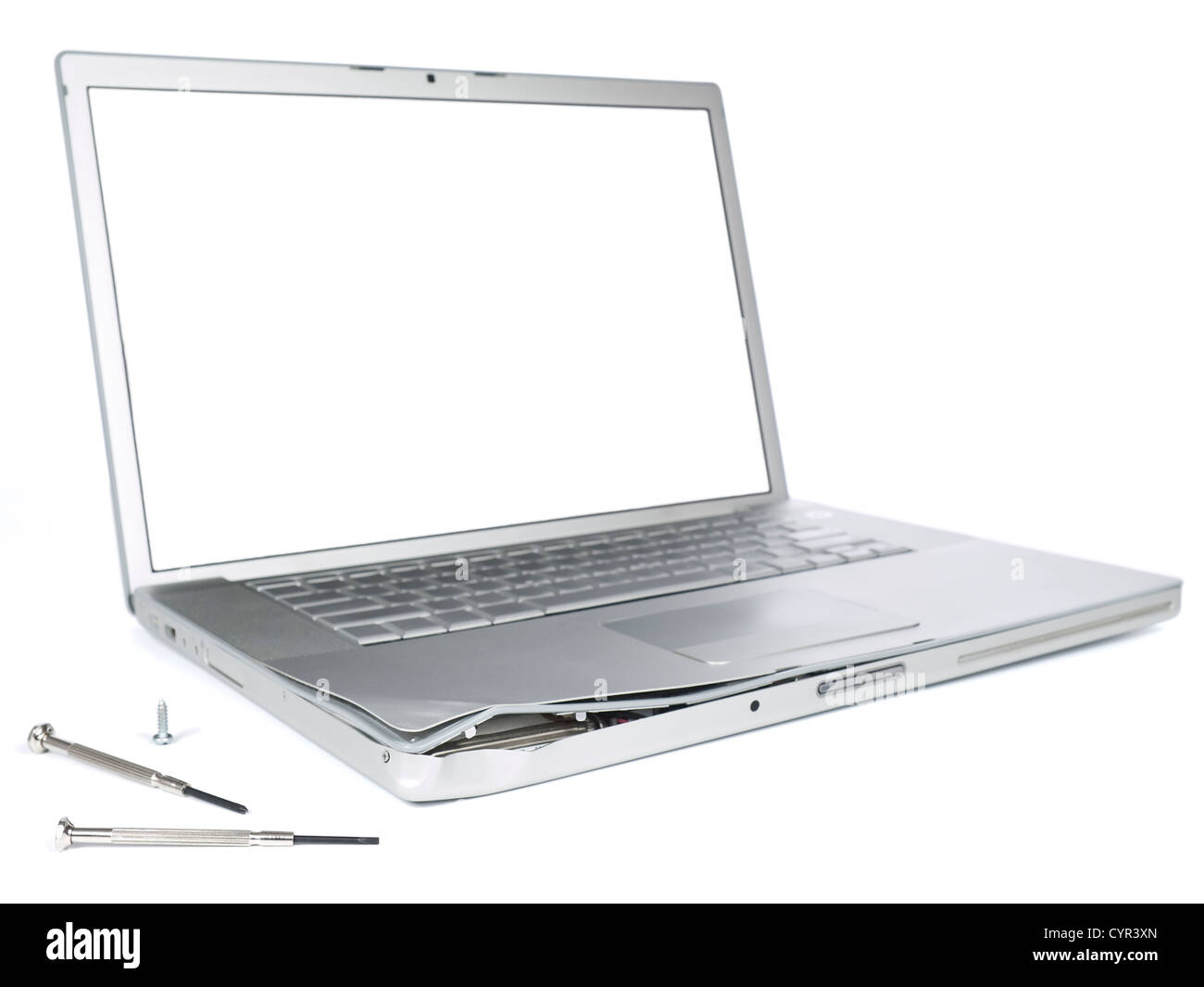 A damaged laptop computer is about to be fixed with a pair of clockwork ...