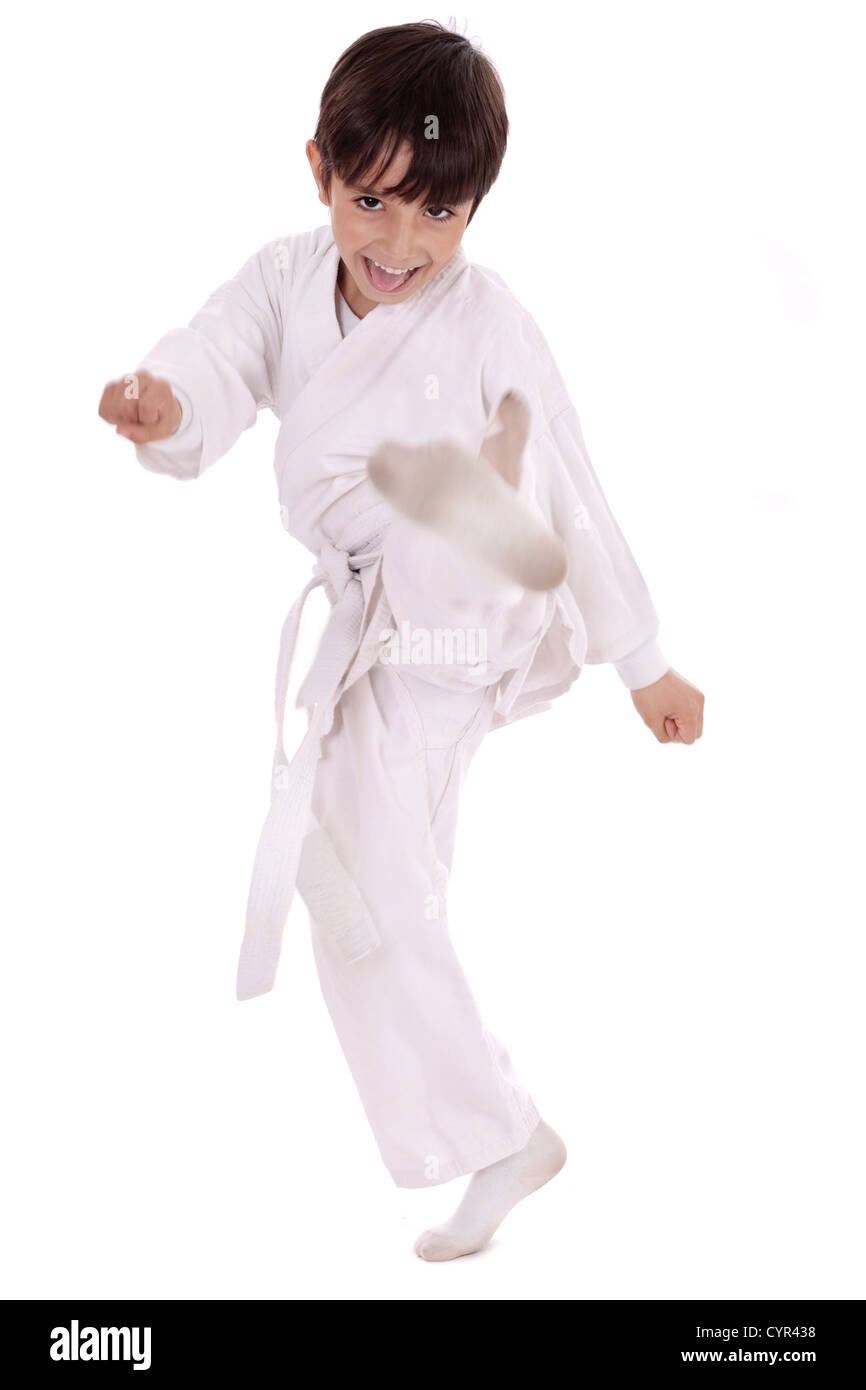 Karate boy excercising isolated white background Stock Photo - Alamy