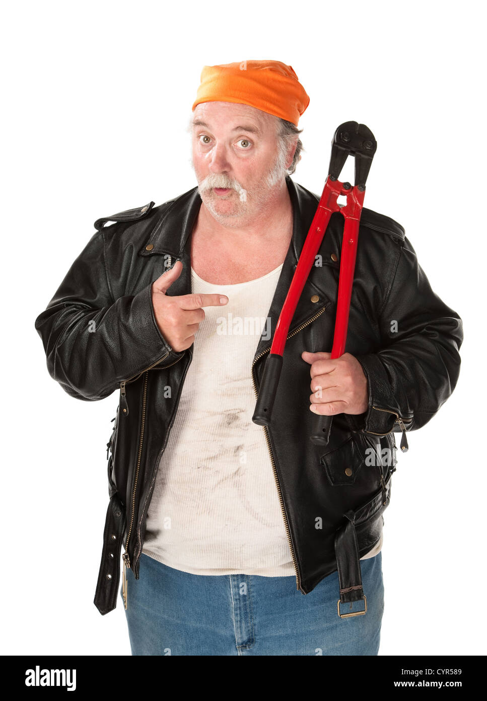 Fat theif with big red bolt cutter tool Stock Photo - Alamy