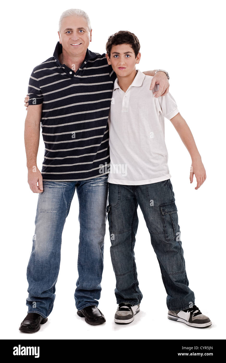 Positive image of a caucasian boy with his father on white background ...