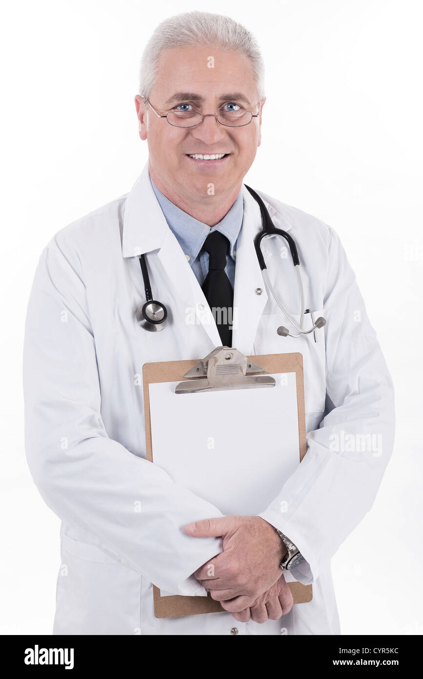 Senior doctor holding clipboard on isoalted white background Stock ...