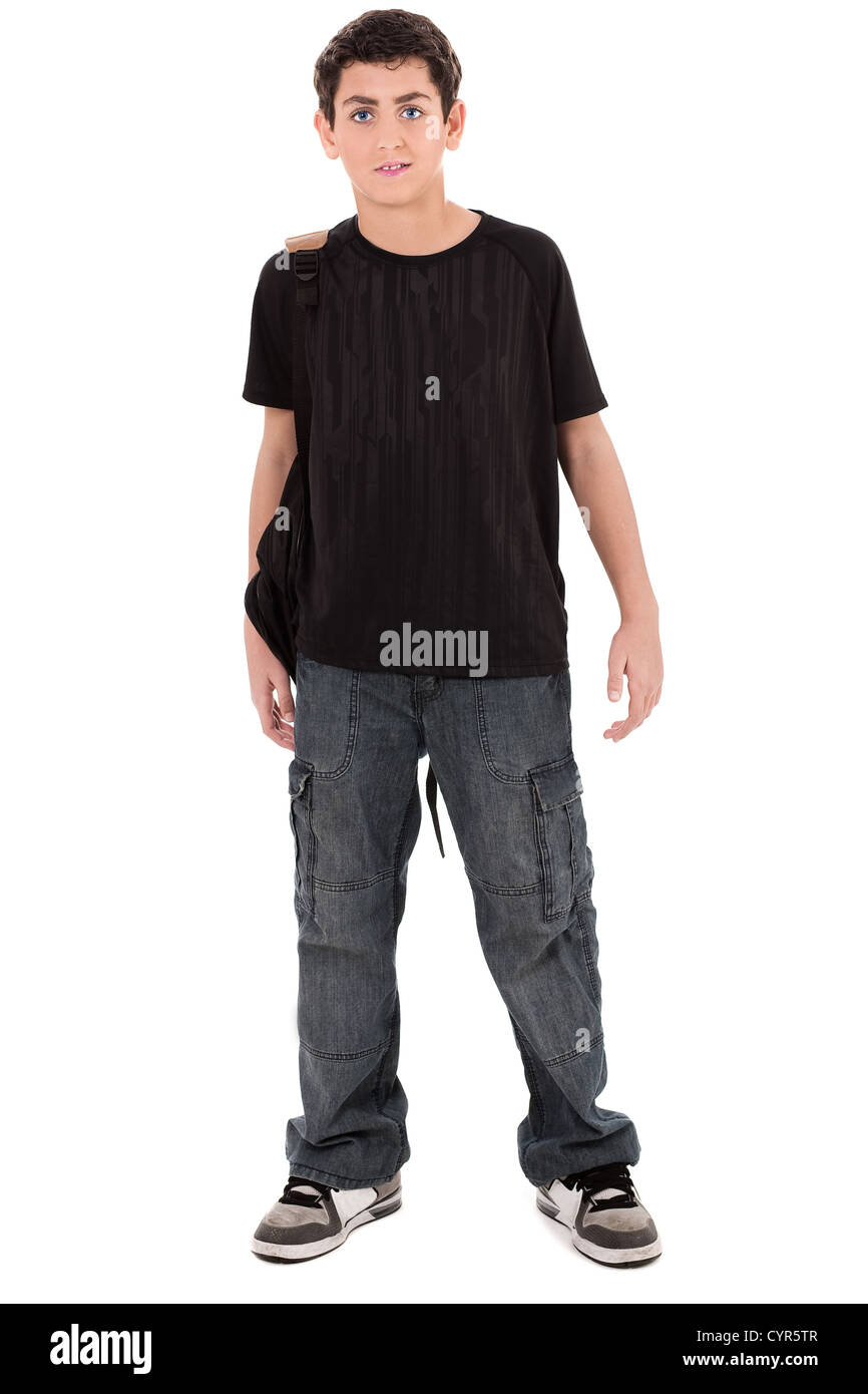teenage school boy standing on isolated white background Stock Photo ...