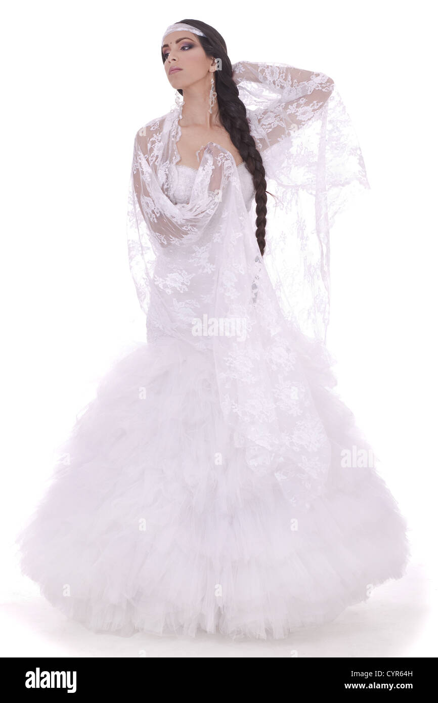 Wedding bride dressed in white dress in white background Stock Photo ...
