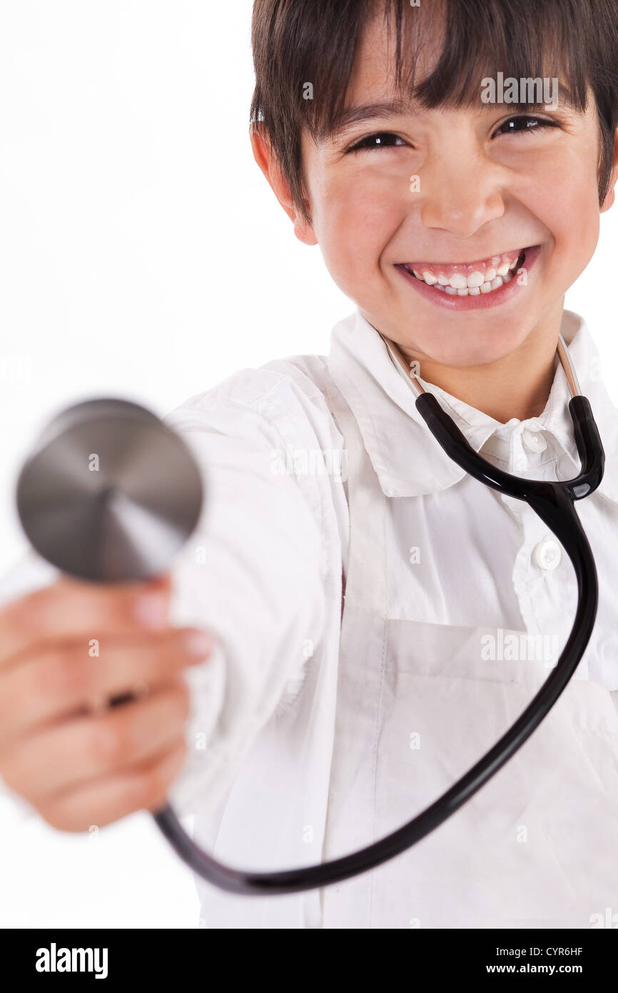 Little doctor showing his Stethoscope on white background Stock Photo ...