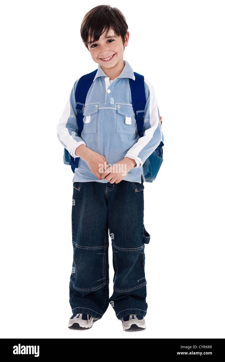 young boy standing in white isolated background Stock Photo - Alamy