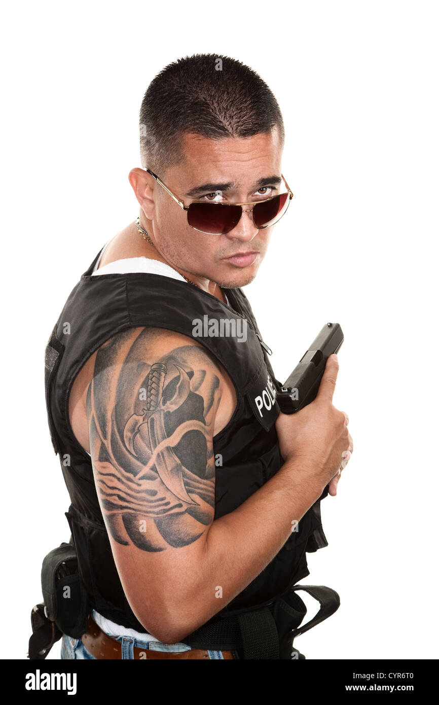 Tough Hispanic Cop in Bulletproof Vest Holding Pistol Stock Photo - Alamy
