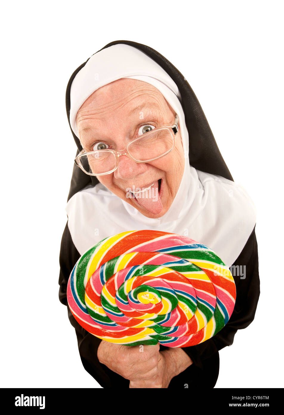 Funny Nun in Religious Habit Licking Lollipop Stock Photo - Alamy