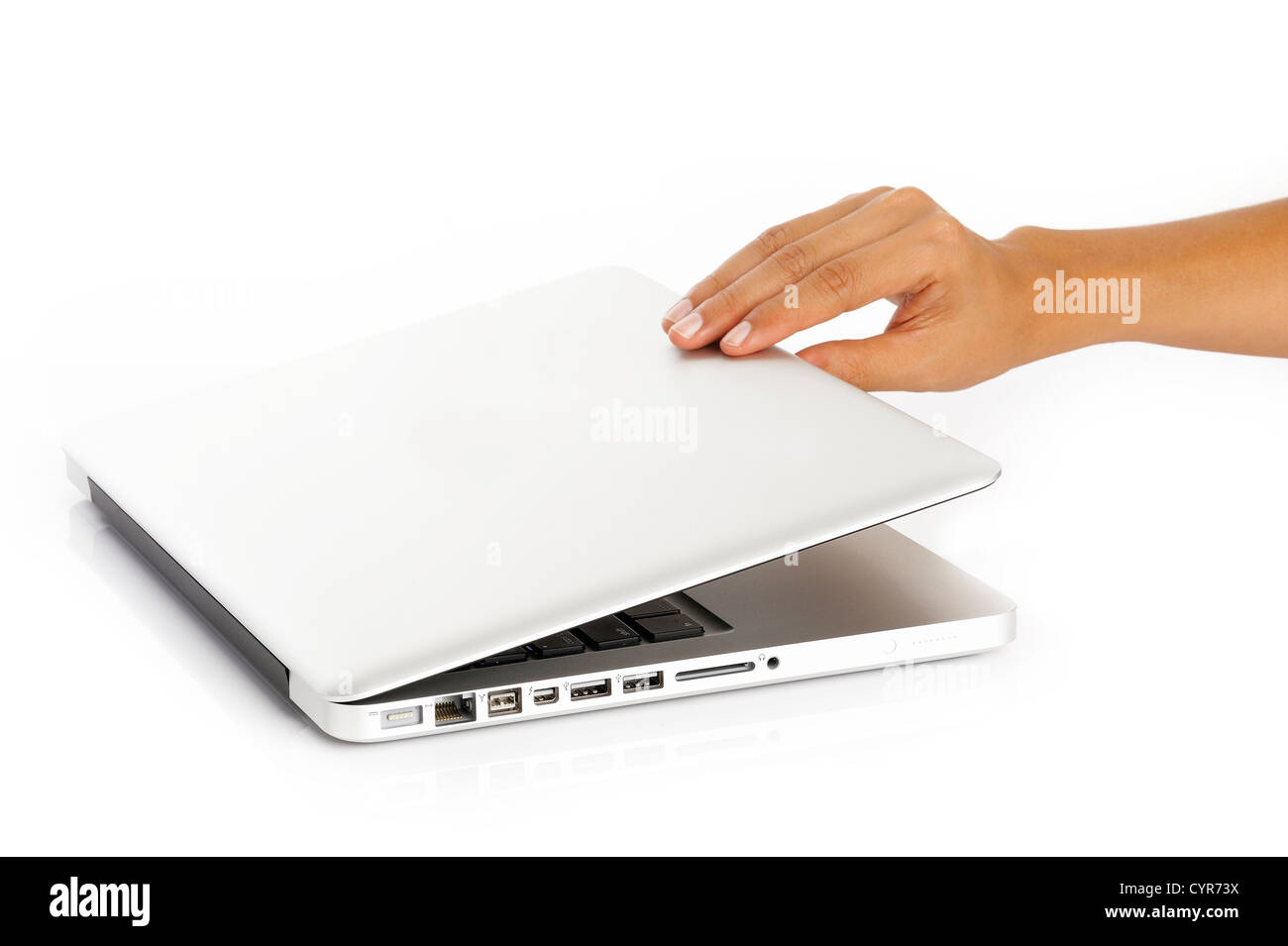 laptop computer half way open displayed from the side view Stock Photo ...