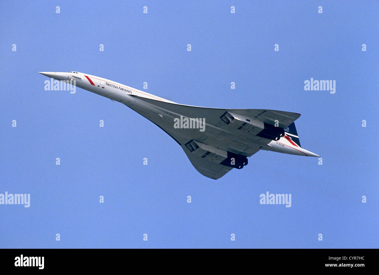 A Concorde supersonic airliner registration G-BOAB flies overhead ...